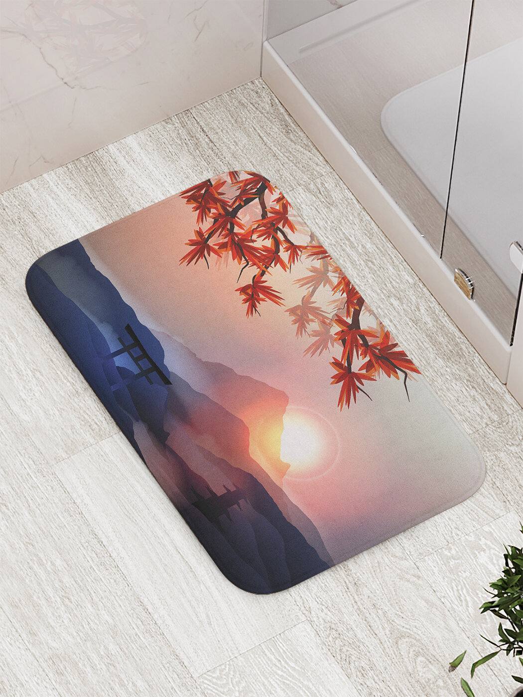 Коврик для ванной комнаты и туалета противоскользящий "Солнце за японскими горами" 52х77 см, JoyArty