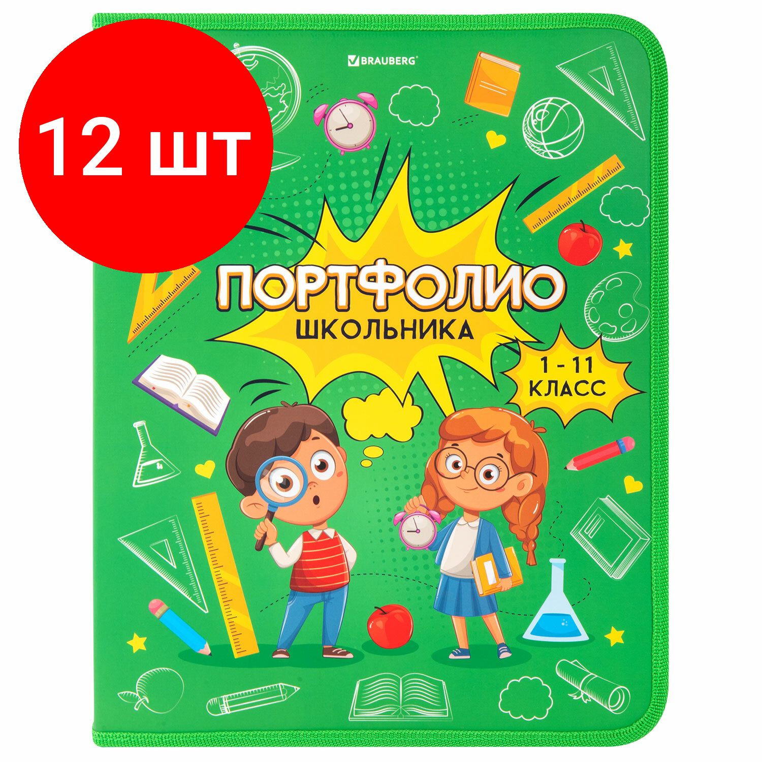 Комплект 12 шт, Папка-портфолио школьника, А4, на молнии, 8 вкладышей, обложка твёрдая, отличники, BRAUBERG, 115244