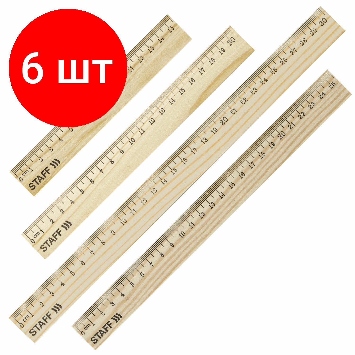 Комплект 6 шт, Набор деревянных линеек STAFF, 15 см, 20 см, 25 см, 30 см, канадская сосна, 210803