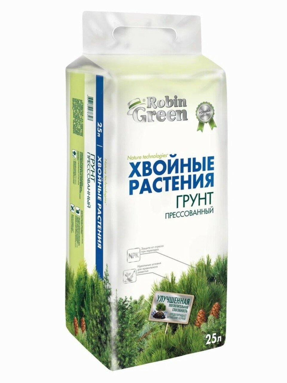 Грунт для хвойных растений Robin Green прессованный 25 л, почвогрунт на основе торфа под посадку туи, ели и сосны