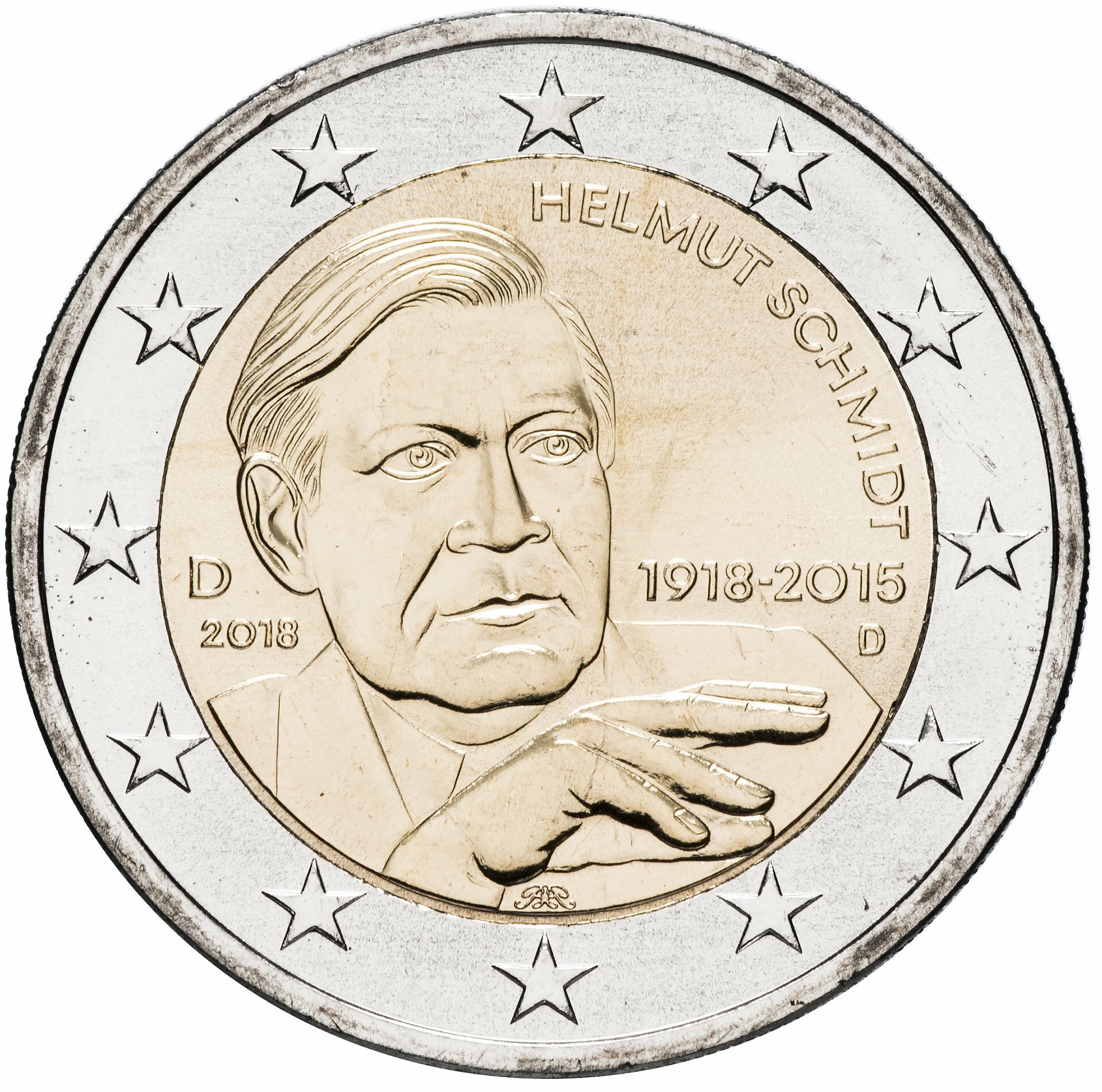 Германия 2 евро 2018 D "100 лет со дня рождения Гельмута Шмидта", Биметалл, в сохранности UNC