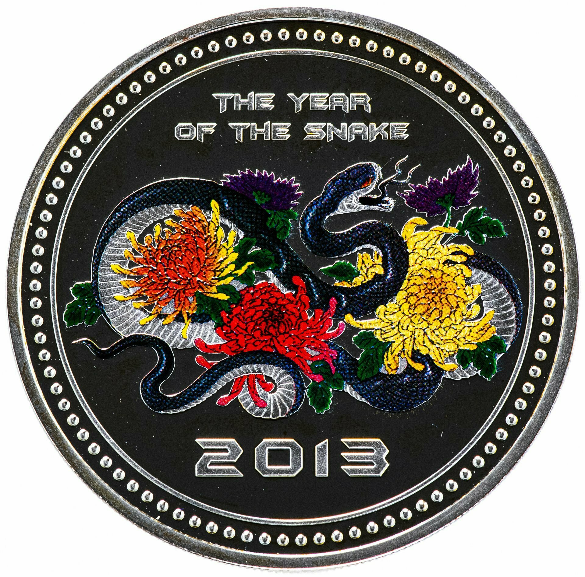 Острова Кука 5 долларов 2013 Proof "Китайский гороскоп - Год змеи - счастье хризантемы" в футляре, с сертификатом, Серебро 999