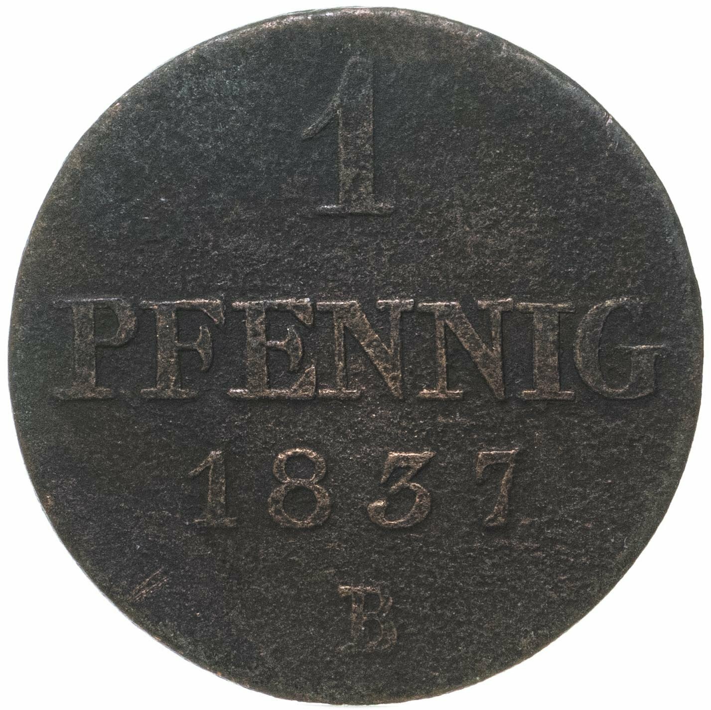 Германия, Ганновер 1 пфенниг 1837, Медь 500, в сохранности F