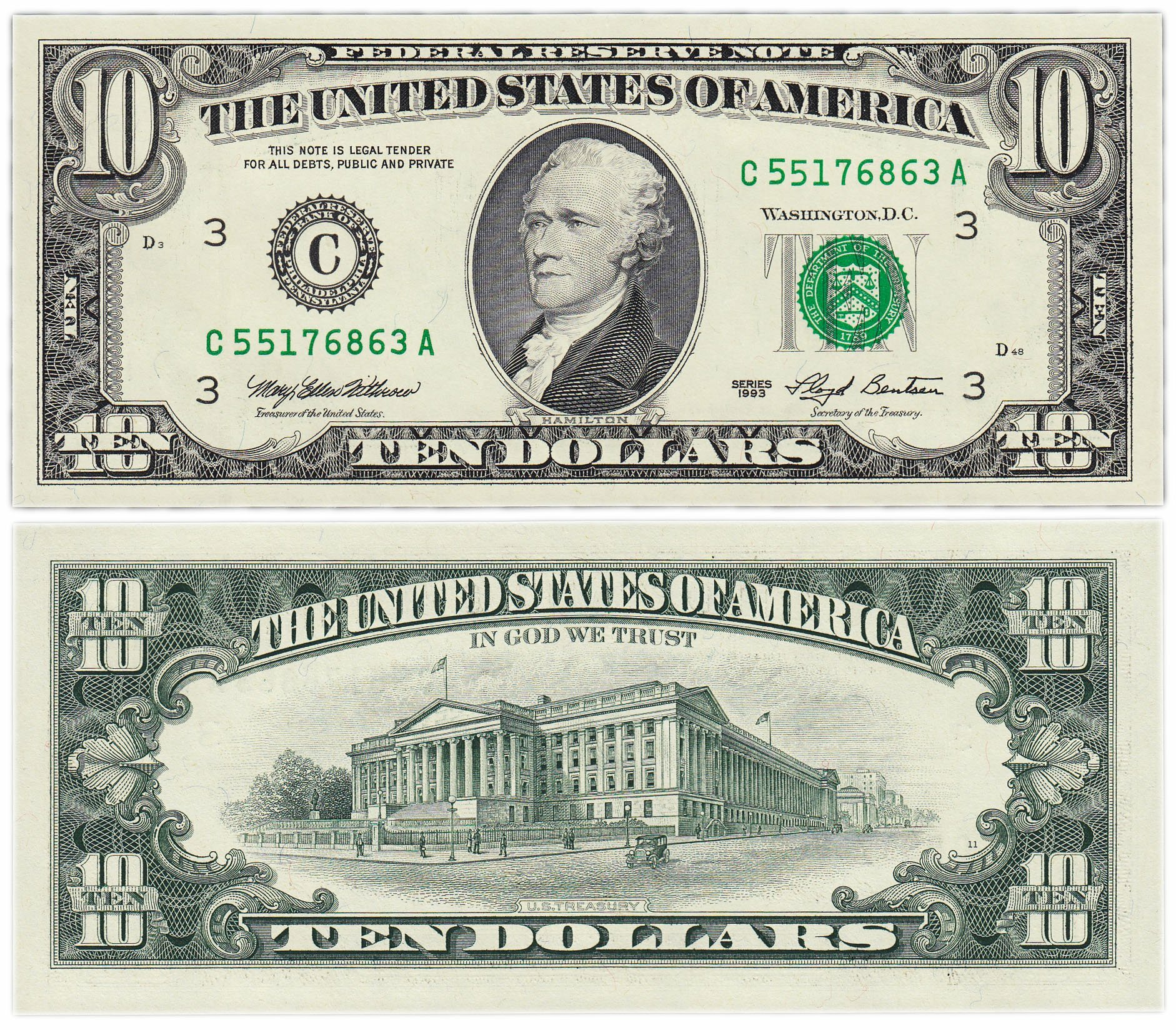 США 10 долларов 1993 год Pick 492 С-Филадельфия