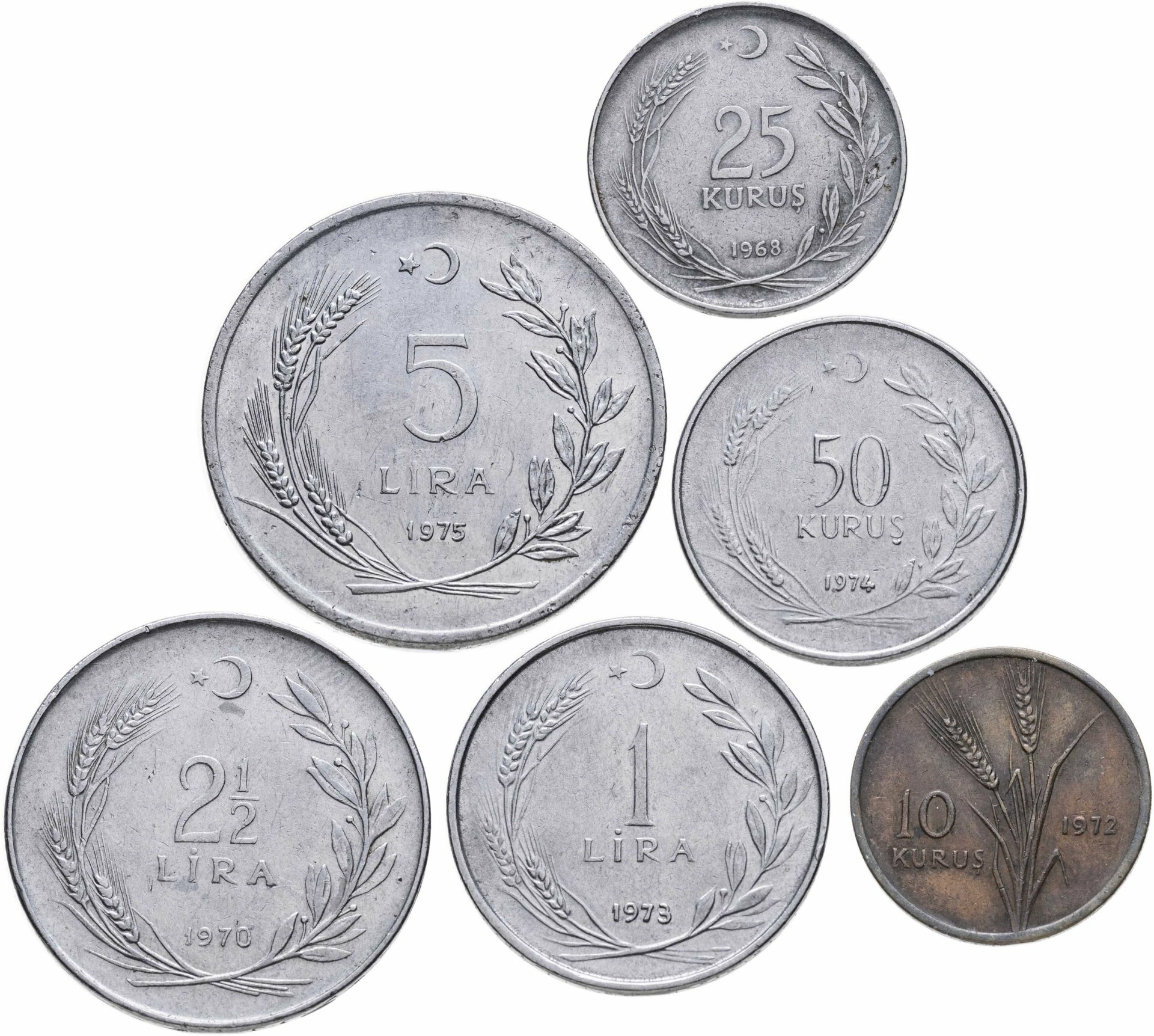 Турция разменный набор 6 шт 10, 25, 50 курушей, 1, 2,5, 5 лир 1968-1975 гг, Различные сплавы, в сохранности XF-AU