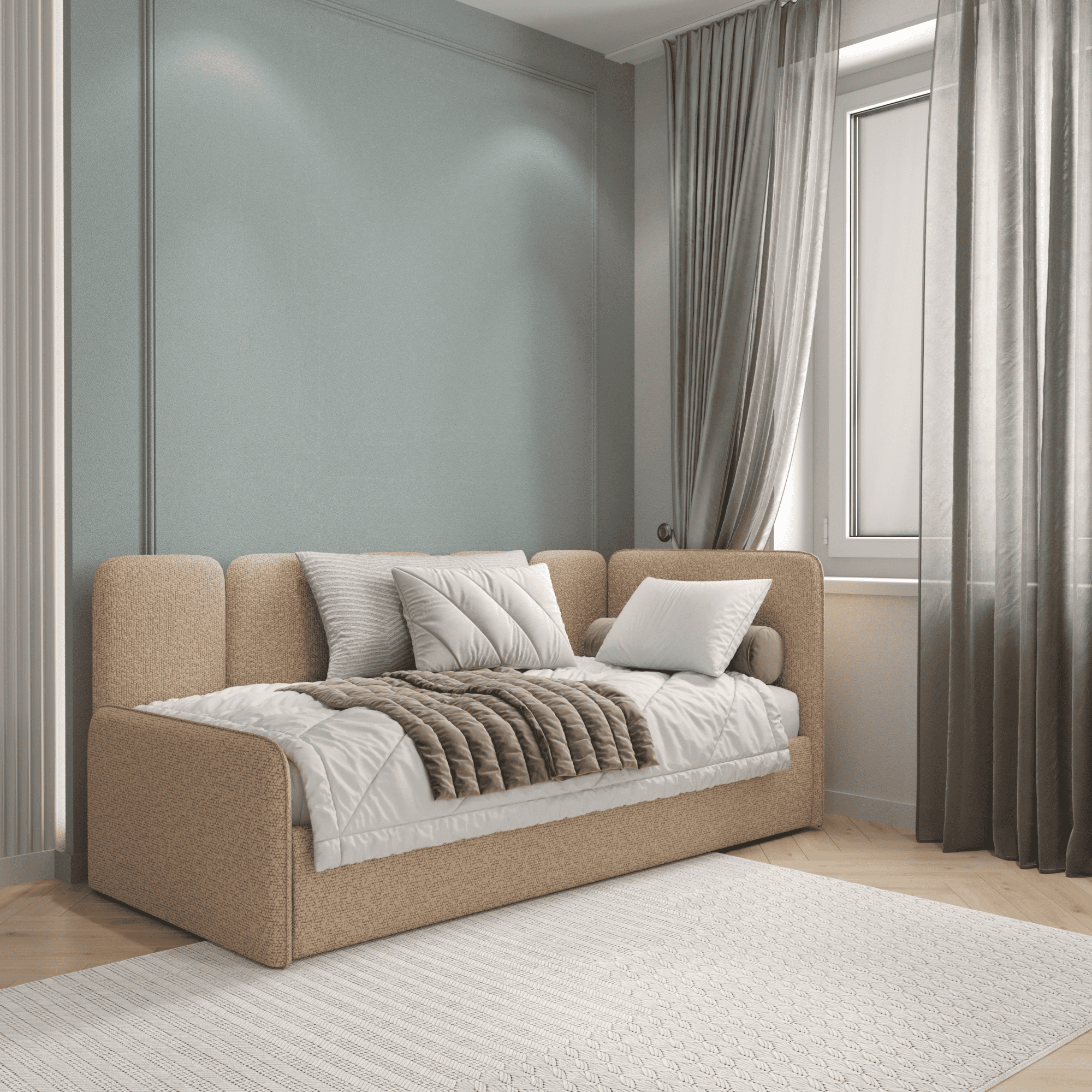 Кровать детская дизайнерская угловая 80х200 «Дюна», ткань букле , мягкая кровать