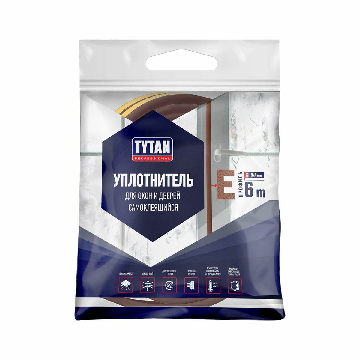 Уплотнитель для окон и дверей Tytan Е-профиль 9 x 4 мм, коричневый, 6 м, "Professional"