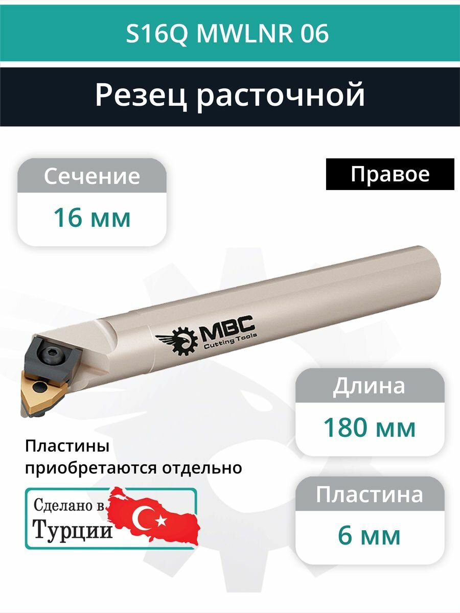 S16Q MWLNR 06 внутренний токарный расточной резец правый, 16 мм / пластина WNMG 0604**