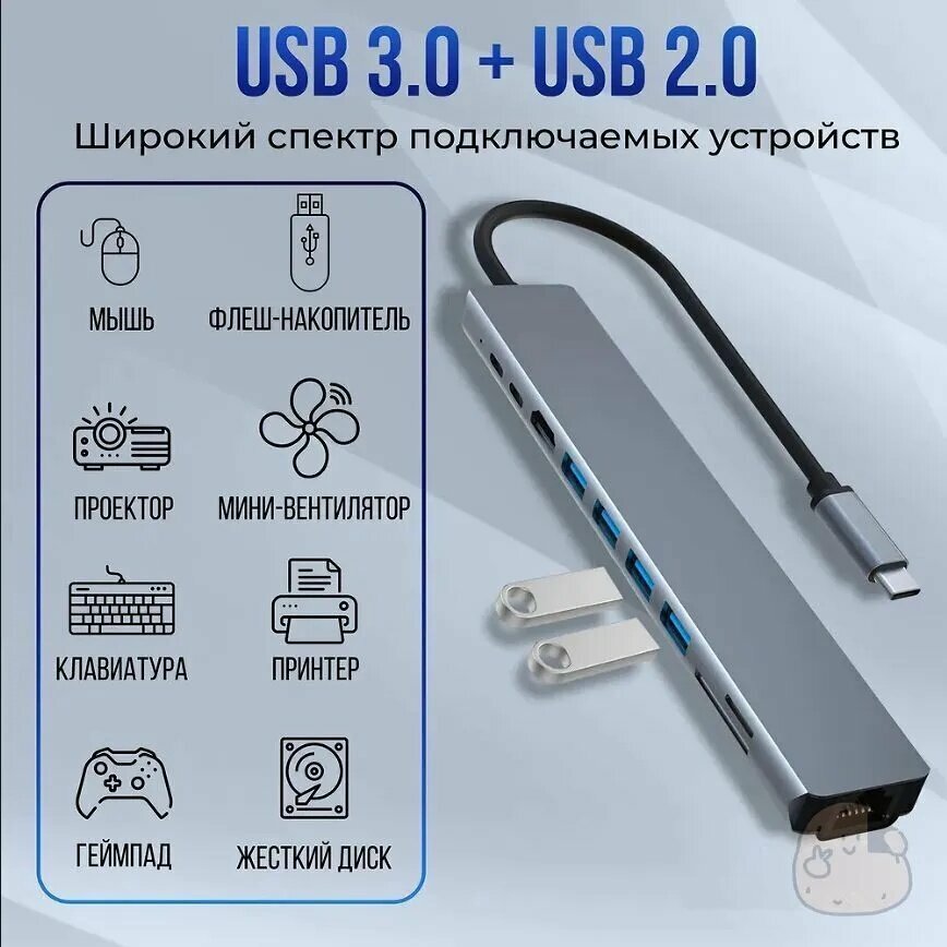 USB HUB 3.0 док-станция для ноутбука 10in1 / Type-C HDMI HUB для MacBook / USB Разветвитель с HDMI 4K 30 Гц, RJ-45 100 Мбит/С, USB 3.0x3, PowerDelivery 100W
