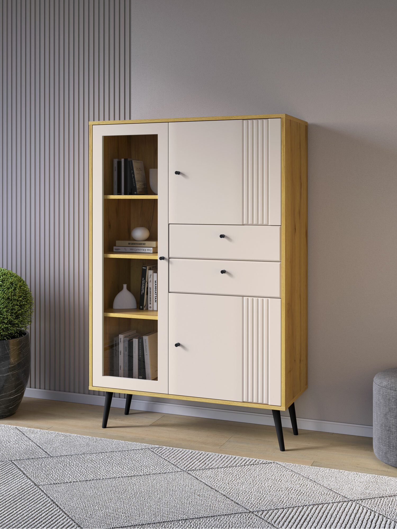 Шкаф-витрина Вега Саксония, с полками, с ящиками, с доводчиками, 93.4х40х144 см, Дуб Крафт золотой / Миндаль