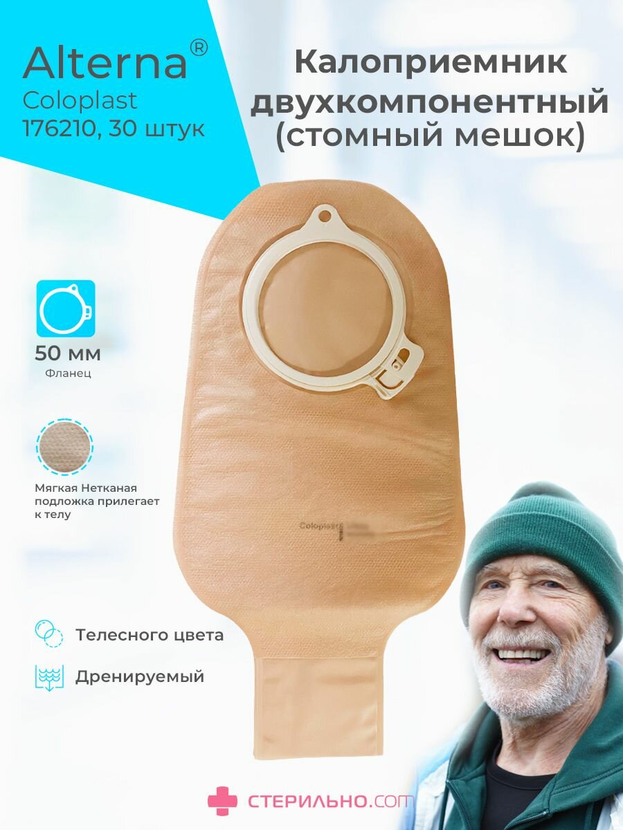 17621. 30шт. Дренируемый стомный мешок Coloplast Alterna (Колопласт Альтерна) нового поколения, фланец 50 мм