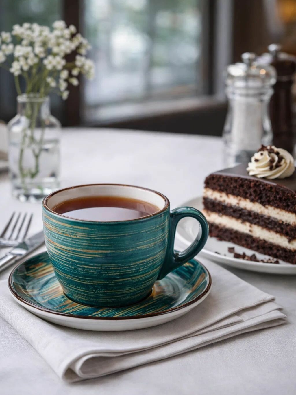 Чайная пара, чашка с блюдцем зеленя "Green Lines" 1 шт, 300 мл. Ударопрочный, профессиональный фарфор.