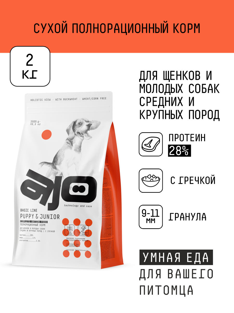 Сухой корм AJO Dog Puppy & Junior с гречкой, для щенков и молодых собак средних и крупных пород, с индейкой, 2 кг