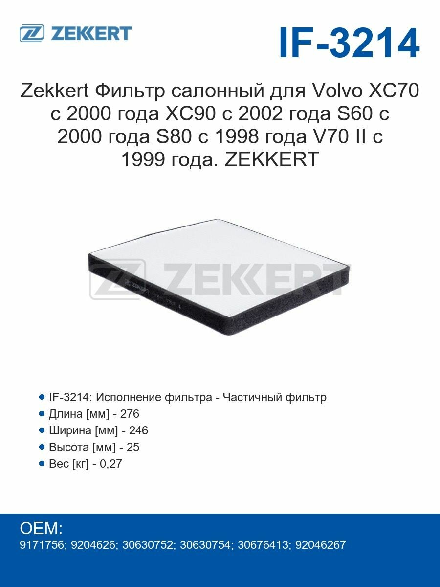 Zekkert Фильтр салонный для Volvo XC70 с 2000 года XC90 с 2002 года S60 с 2000 года S80 с 1998 года V70 II с 1999 года. ZEKKERT