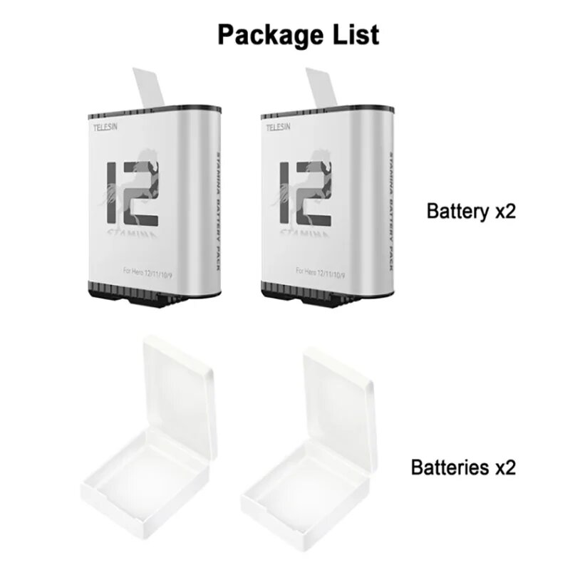 TELESIN Батарея Endurance для GoPro Hero 12 11 10 9 1750 мАч 2-Battery