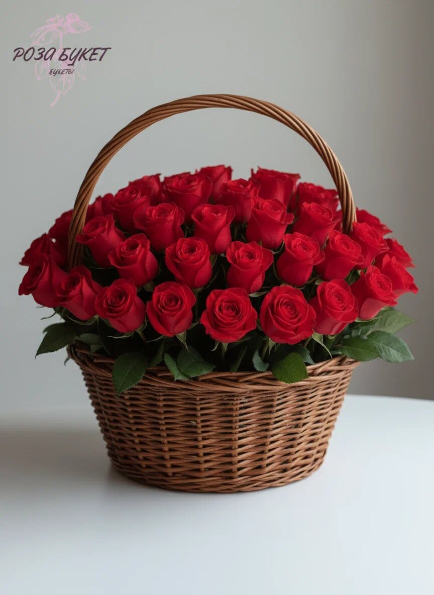 Букет цветов, букет из красных роз 51 шт в корзине, премиум цветы, плетая коричневая корзина, долгий букет