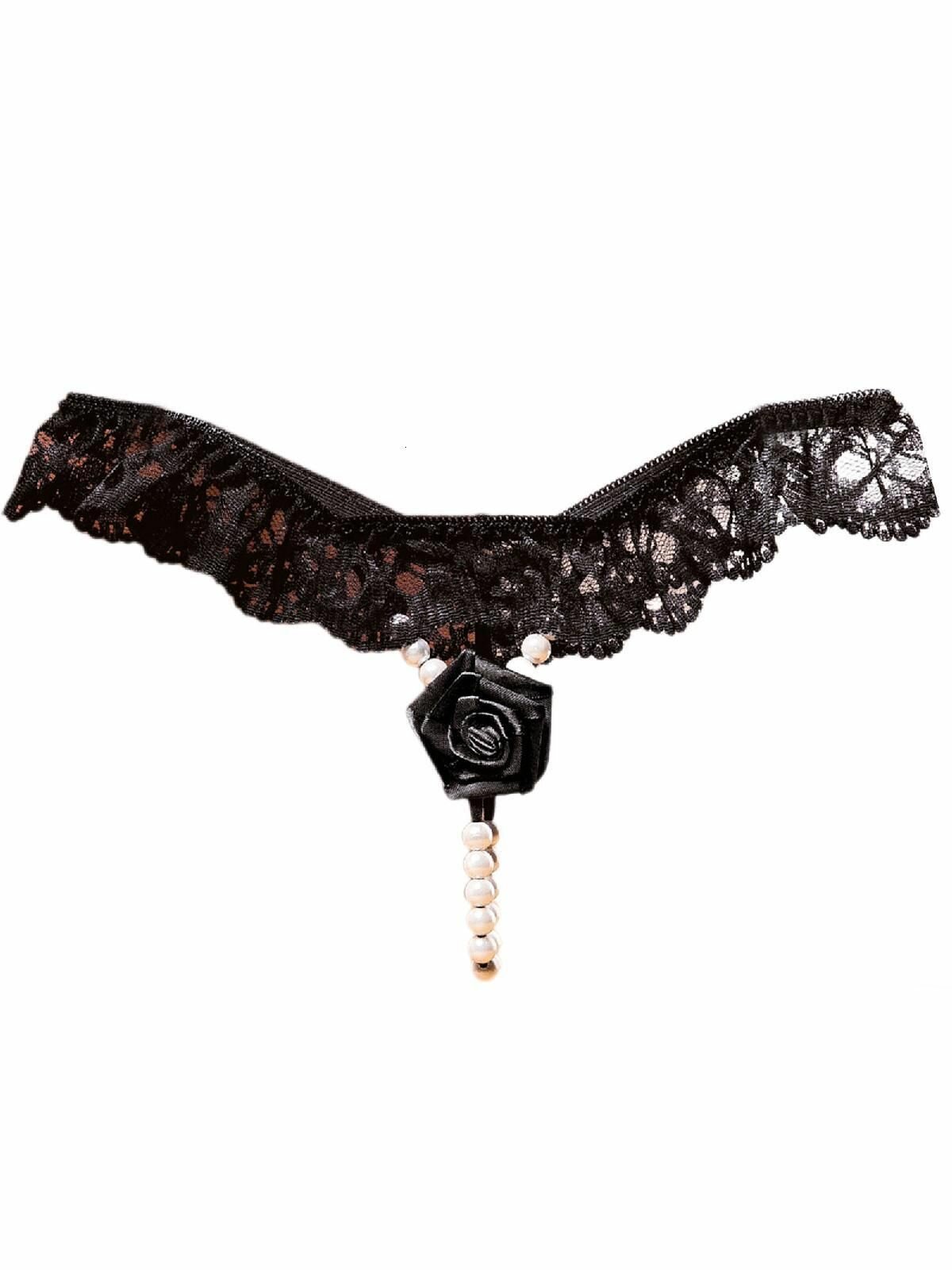 Женские трусики стринги с розами и жемчугом, Черный - Один размер подходит всем