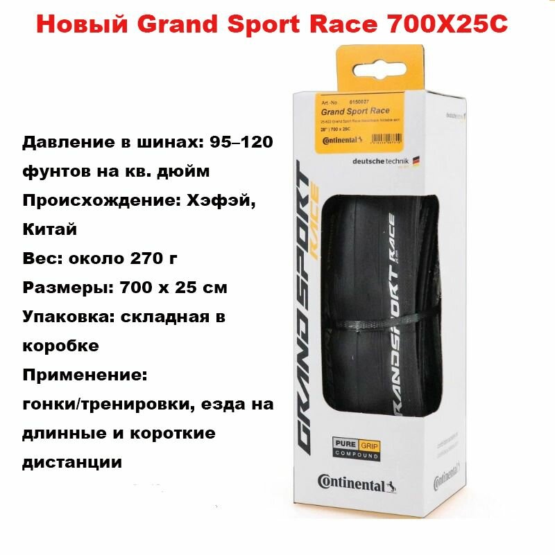 Шоссейная шина Continental Grand Sport Race, 700x25C, устойчивая к проколам (однослойная), сверхлегкая, складная (в коробке), черная