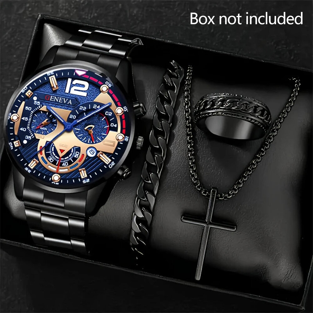 Мужской подарочный набор: кварцевые деловые наручные часы из сплава, ожерелье, браслет, кольцо и другие аксессуары. Подарок для мужчин