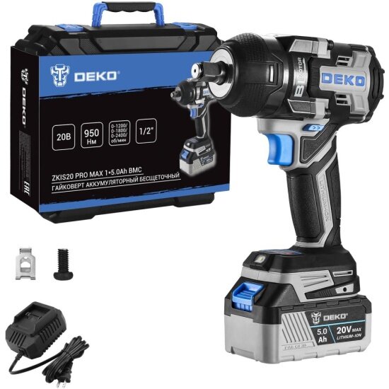 Гайковерт аккумуляторный бесщеточный Deko ZKIS20 PRO MAX, 20В, 1*5.0Ач, 950 Нм, в кейсе (083-1089)