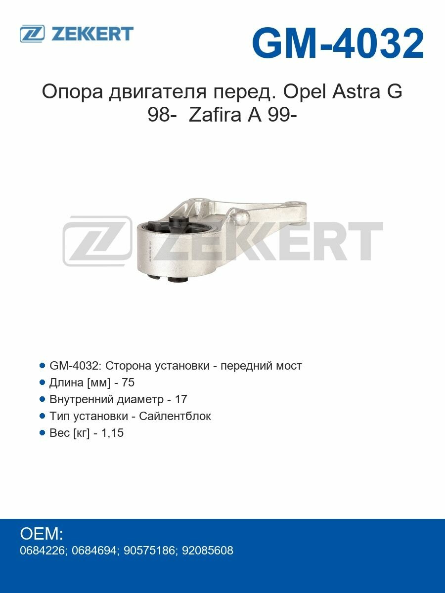 Zekkert Опора двигателя передняя Opel Astra G с 1998 года Zafira A с 1999 года