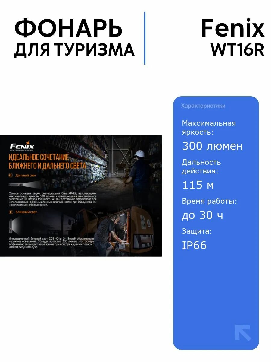 Фонарь Fenix WT16R, 300 люмен, 6 режимов, USB Type-C, ударопрочный, для туризма и активного отдыха, IP66