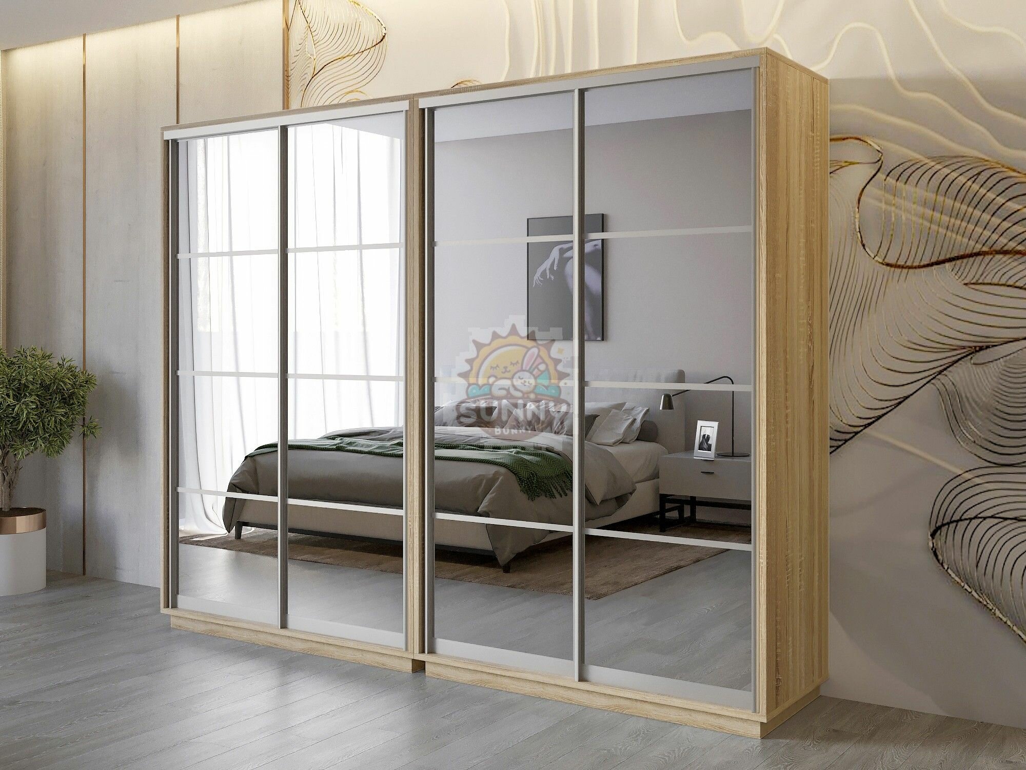 Шкаф-купе Флорида 4дв. (2+2) Зеркало, профиль серебро, 280х60х220 см. Сонома