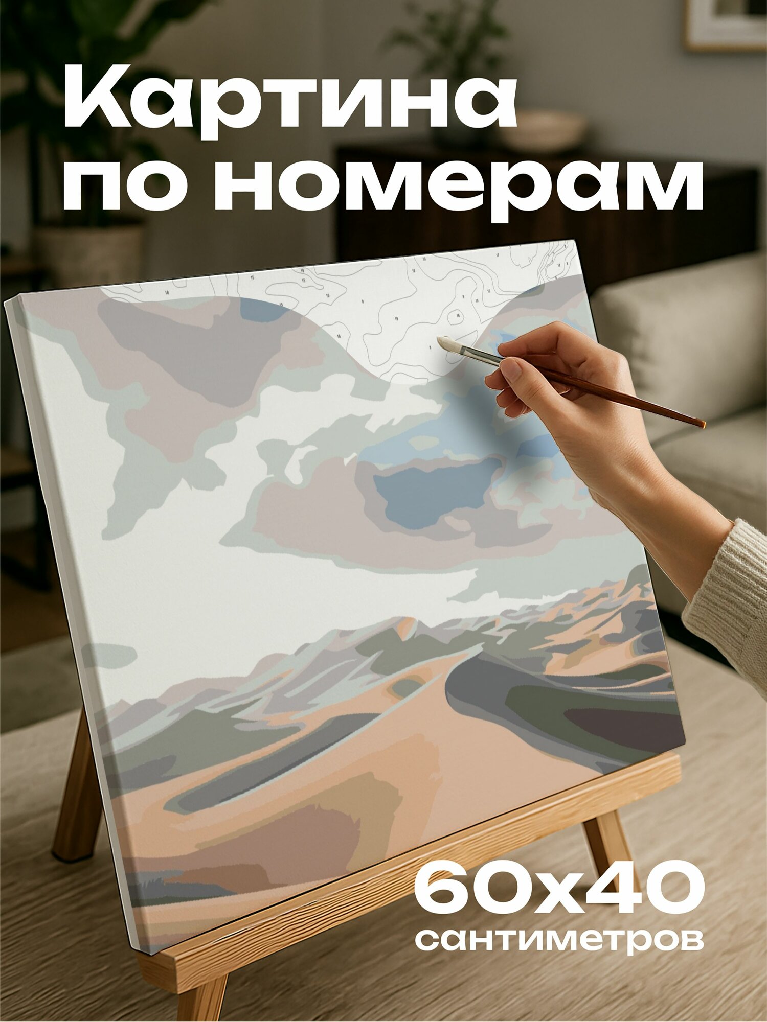Картина по номерам 60x40 см, картина, произведение искусства, смешанная техника, пустынный пейзаж, дюны, небо, тишина