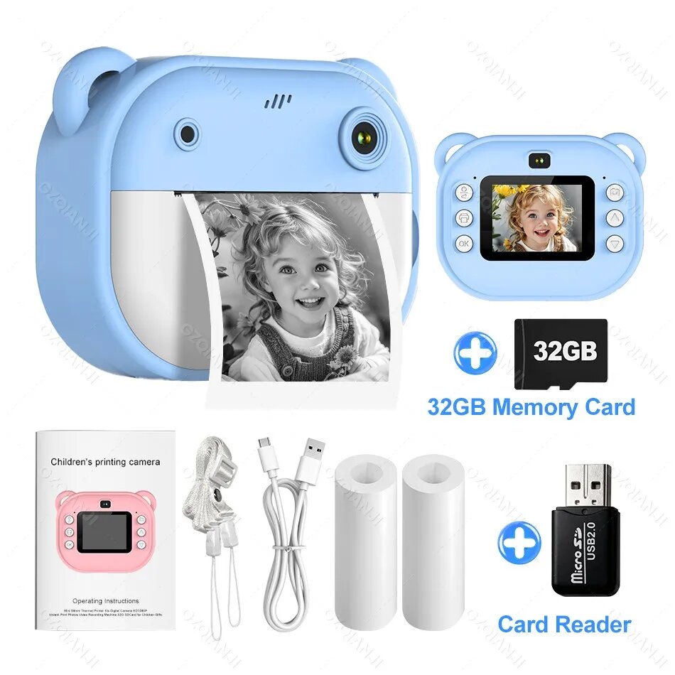 Детский фотопринтер GZQIANJI Blue add 32G SDCard