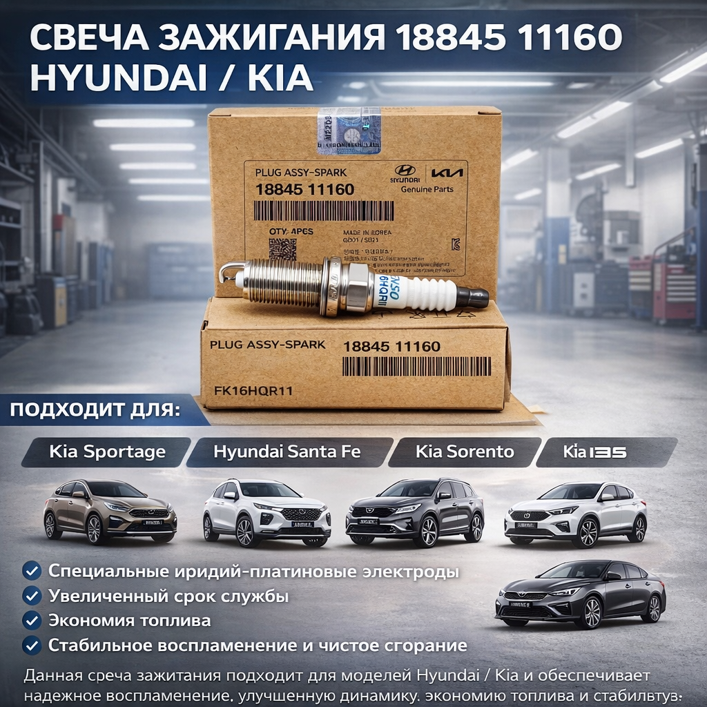 Свеча зажигания 1884511160 Hyundai/Kia Подходит: Sportage, Santa Fe, Sorento, ix35, Tucson, Cerato