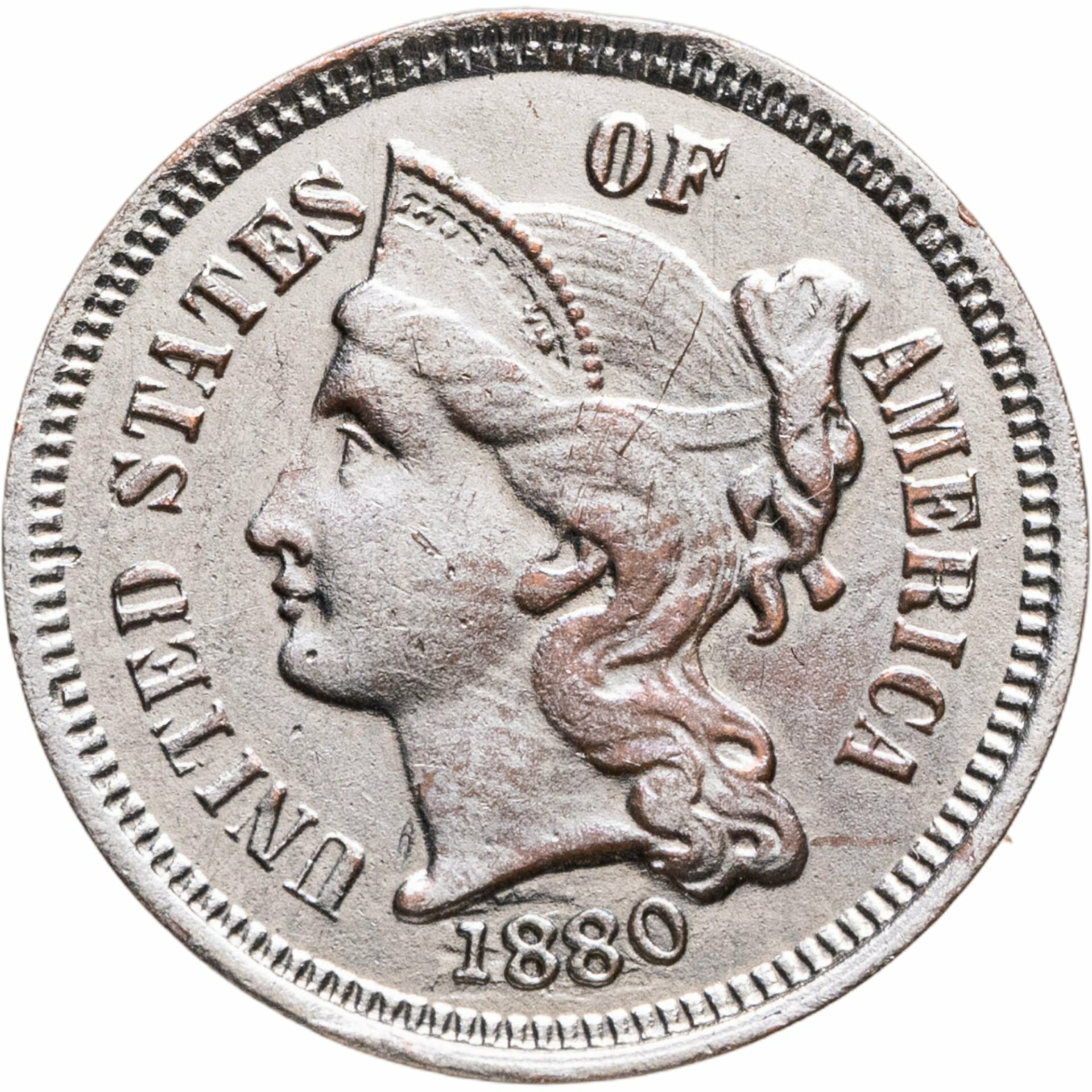 США 3 цента cents 1880 Three Cent Nickel, Мельхиор медь-никель, в сохранности XF-AU