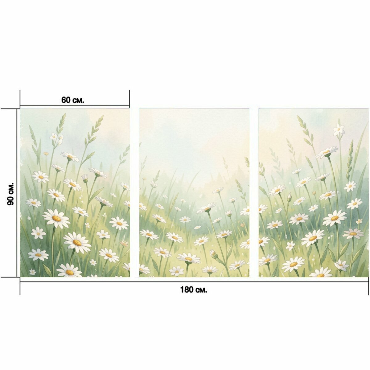 Модульный постер "Ромашковое поле в акварели. Нежная летняя поляна с белыми цветами, высокой травой и мягким светом. Пастельная." 180 x 90 см. для интерьера на стену в тубусе