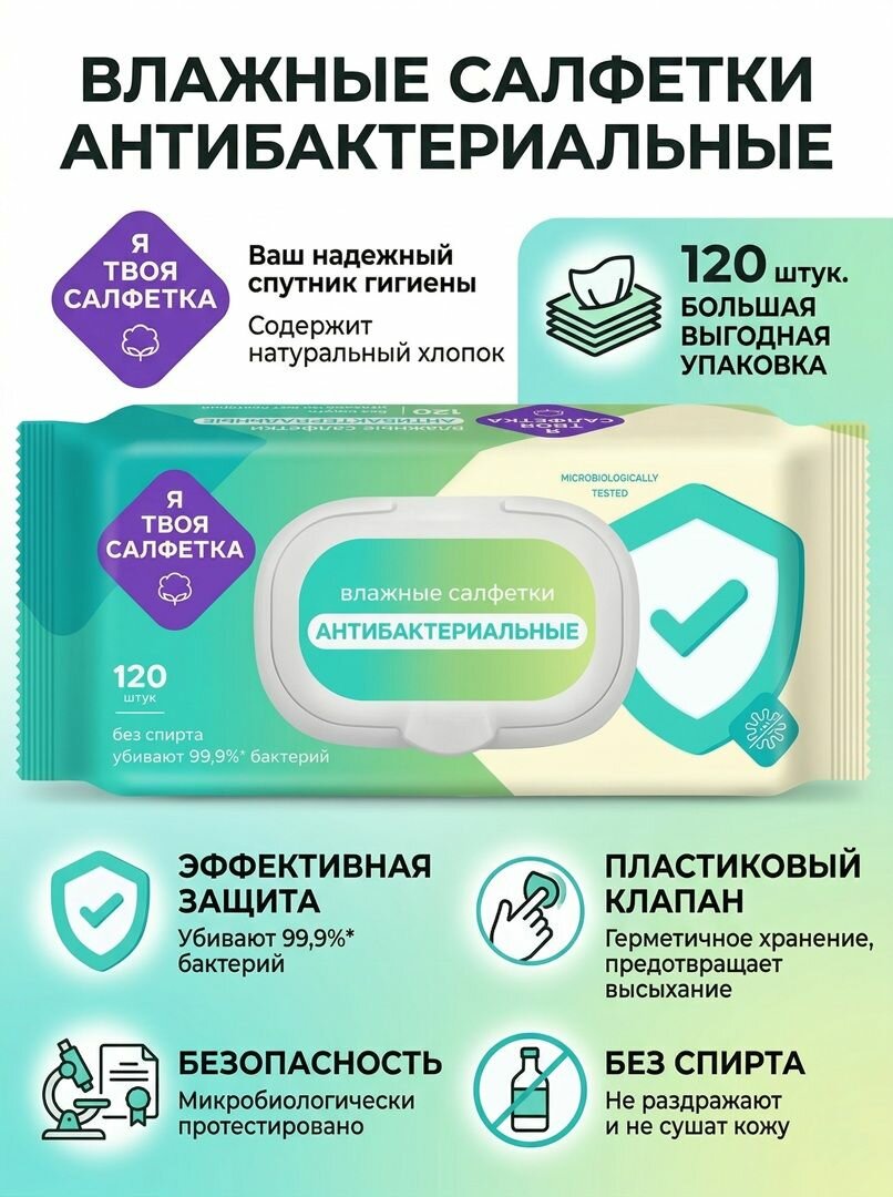 Влажные салфетки 120 шт антибактериальные Я твоя салфетка с пластиковым клапаном