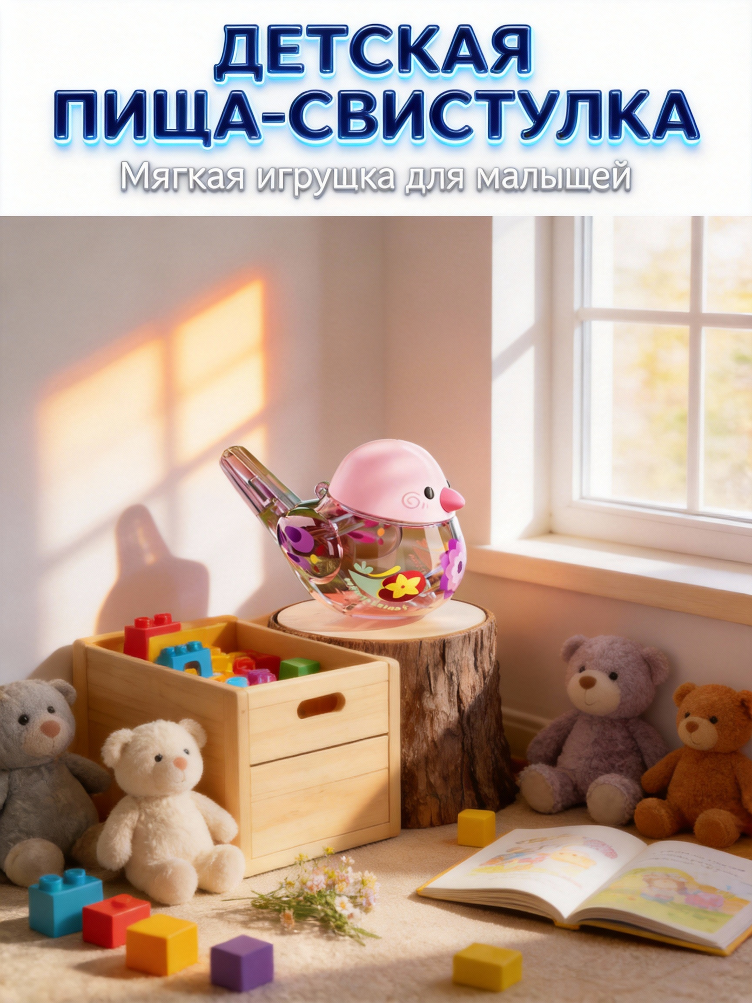 Свисток-птичка, музыкальная игрушка детская из пластика 9,5×6×6 см в розовом синем и желтом для веселых игр и внимания ребенка