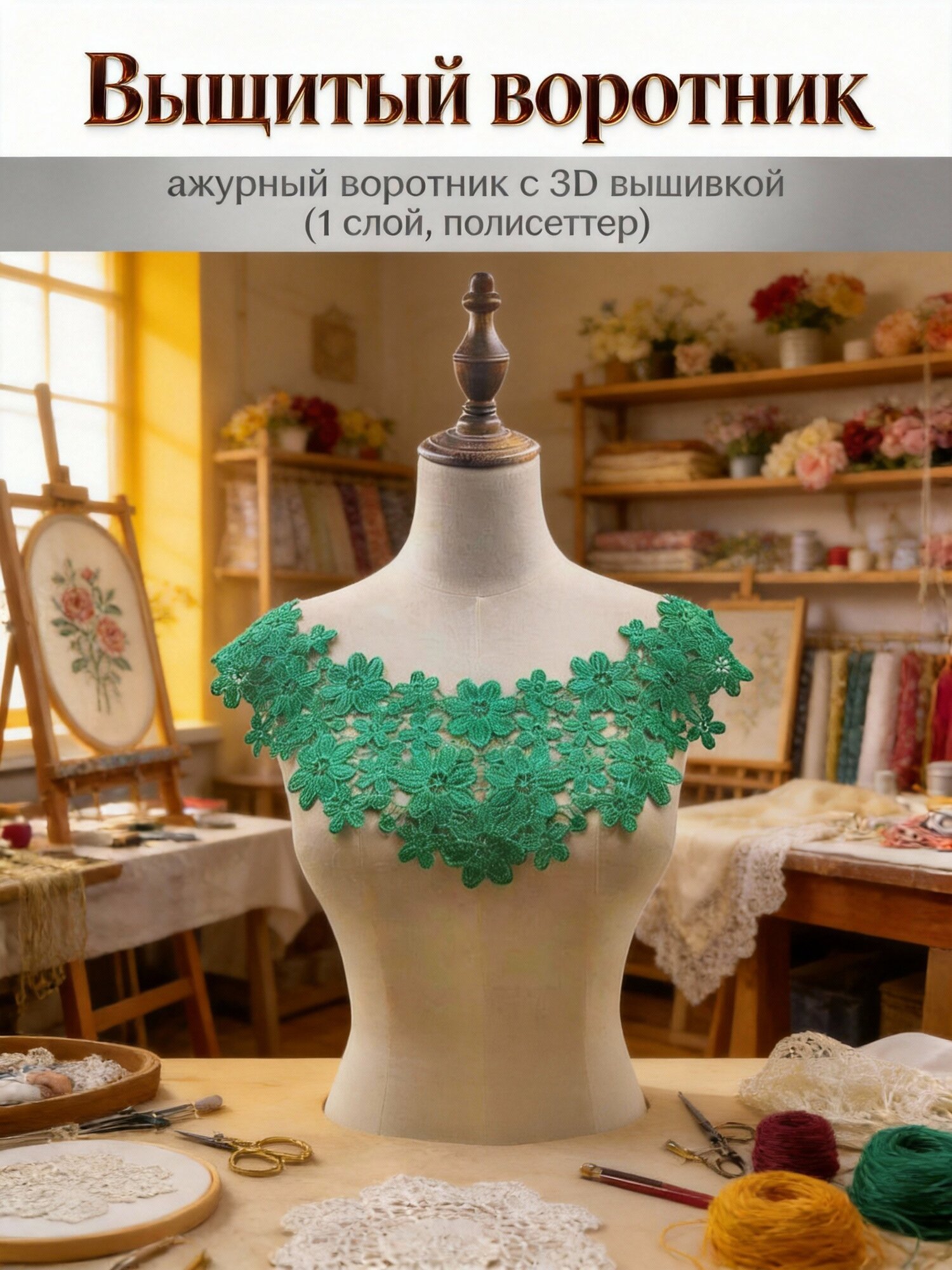 Вышитый кружевной воротник, ажур с 3D вышивкой на полиэстере, 1 шт, для блузок платьев и декора