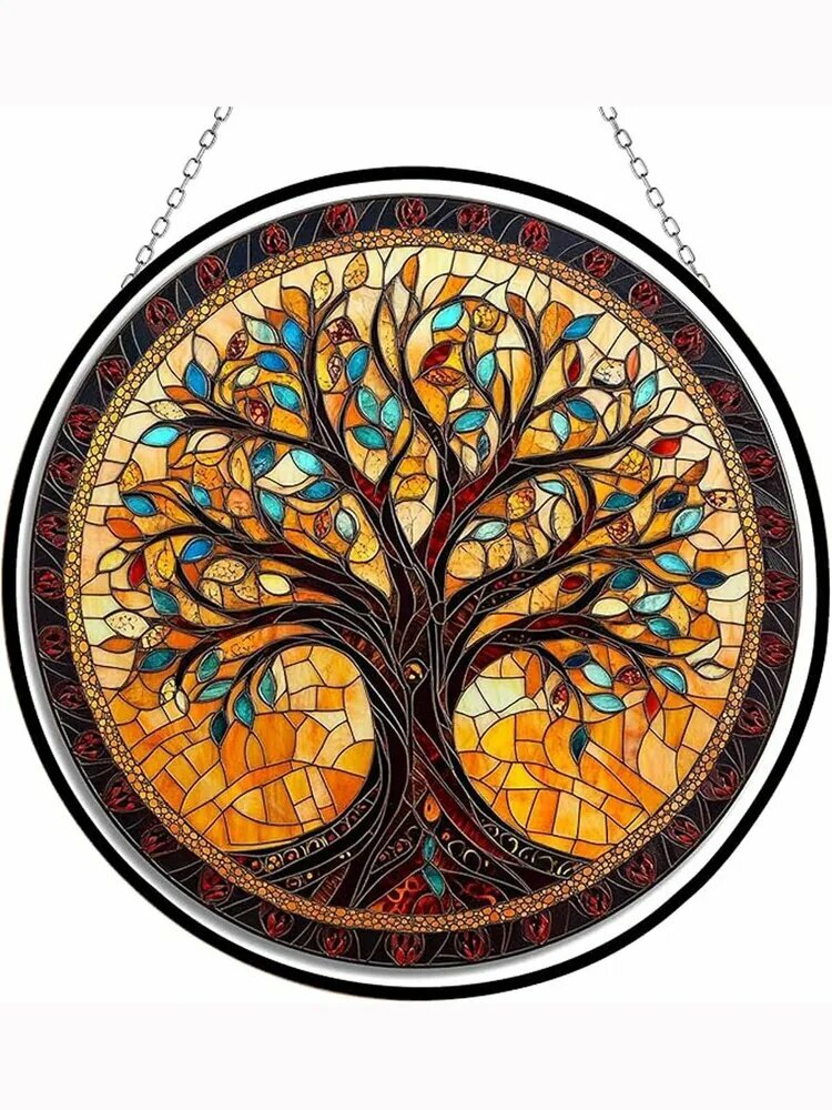 Витражный ловец солнца мандала дерево жизни 15 см для окна, стеклянная панель