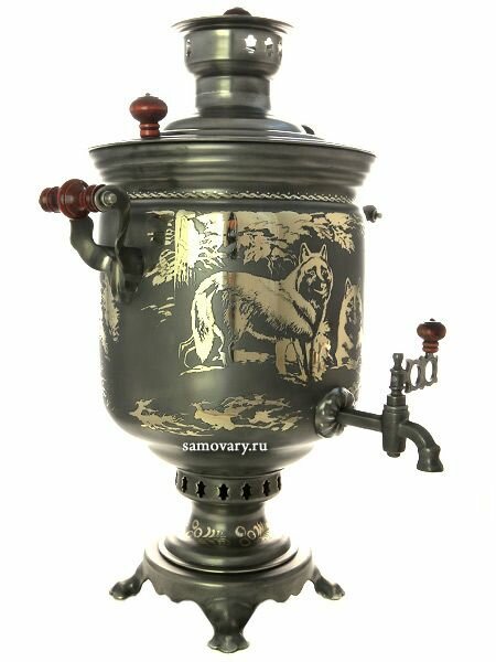 Угольный самовар 7 литров "цилиндр" никелированный с гравировкой "Волки"