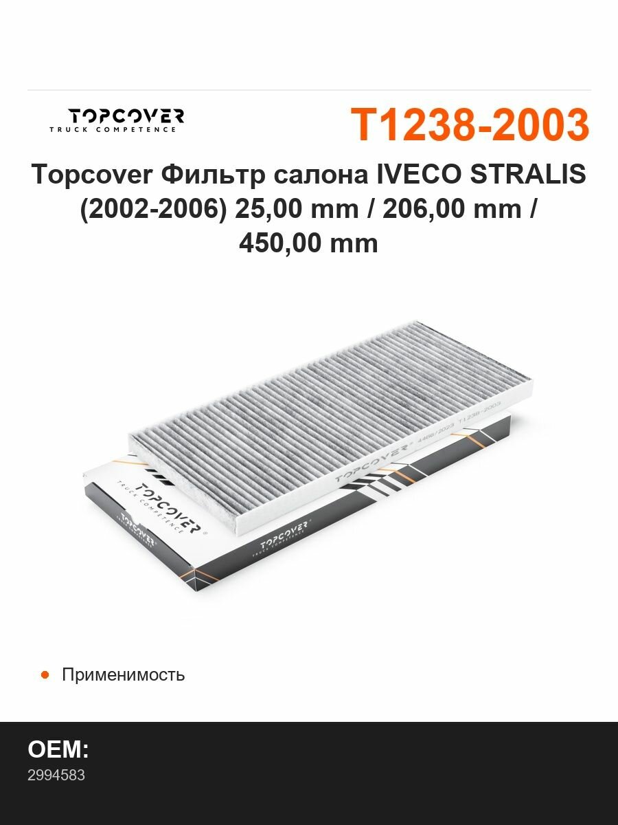 Topcover Фильтр салона IVECO STRALIS (2002-2006) 25,00 mm / 206,00 mm / 450,00 mm