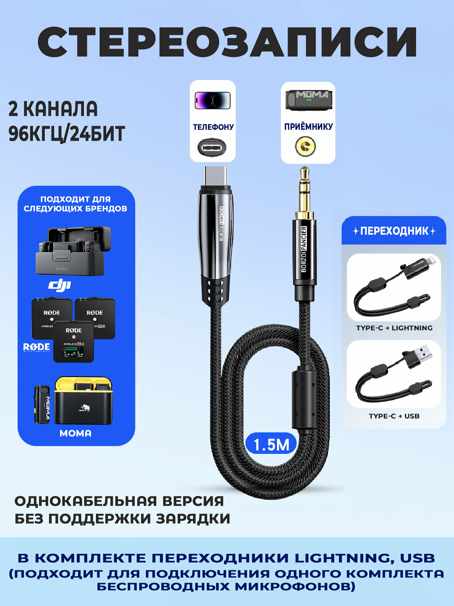 Кабель для стереозаписи 1.5м 96кГц 24бит, для подключения синтезатора гитары к телефону и ПК, USB-C на 3.5мм с зарядкой, запись музыки без потерь