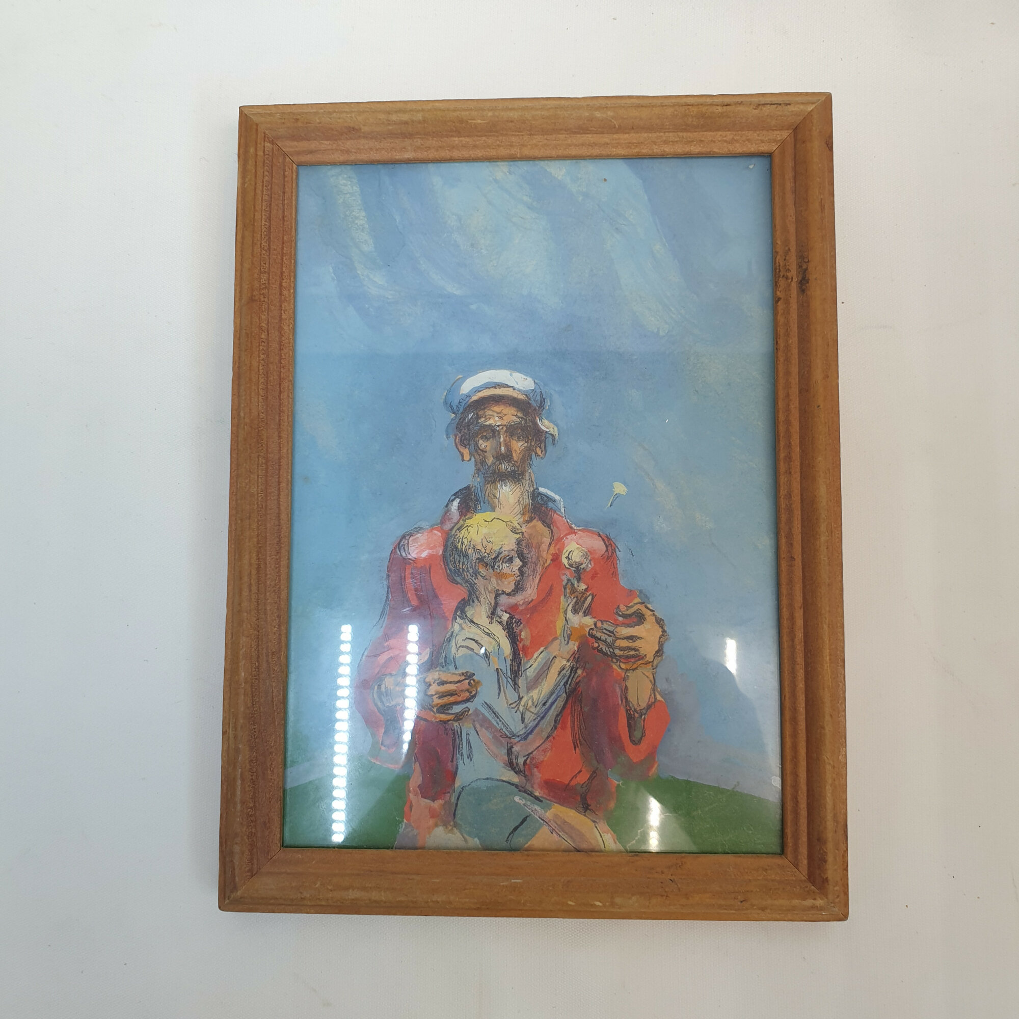 Картина винтажная, СССР. Портретная композиция под стеклом, в деревянной раме 17х23 см