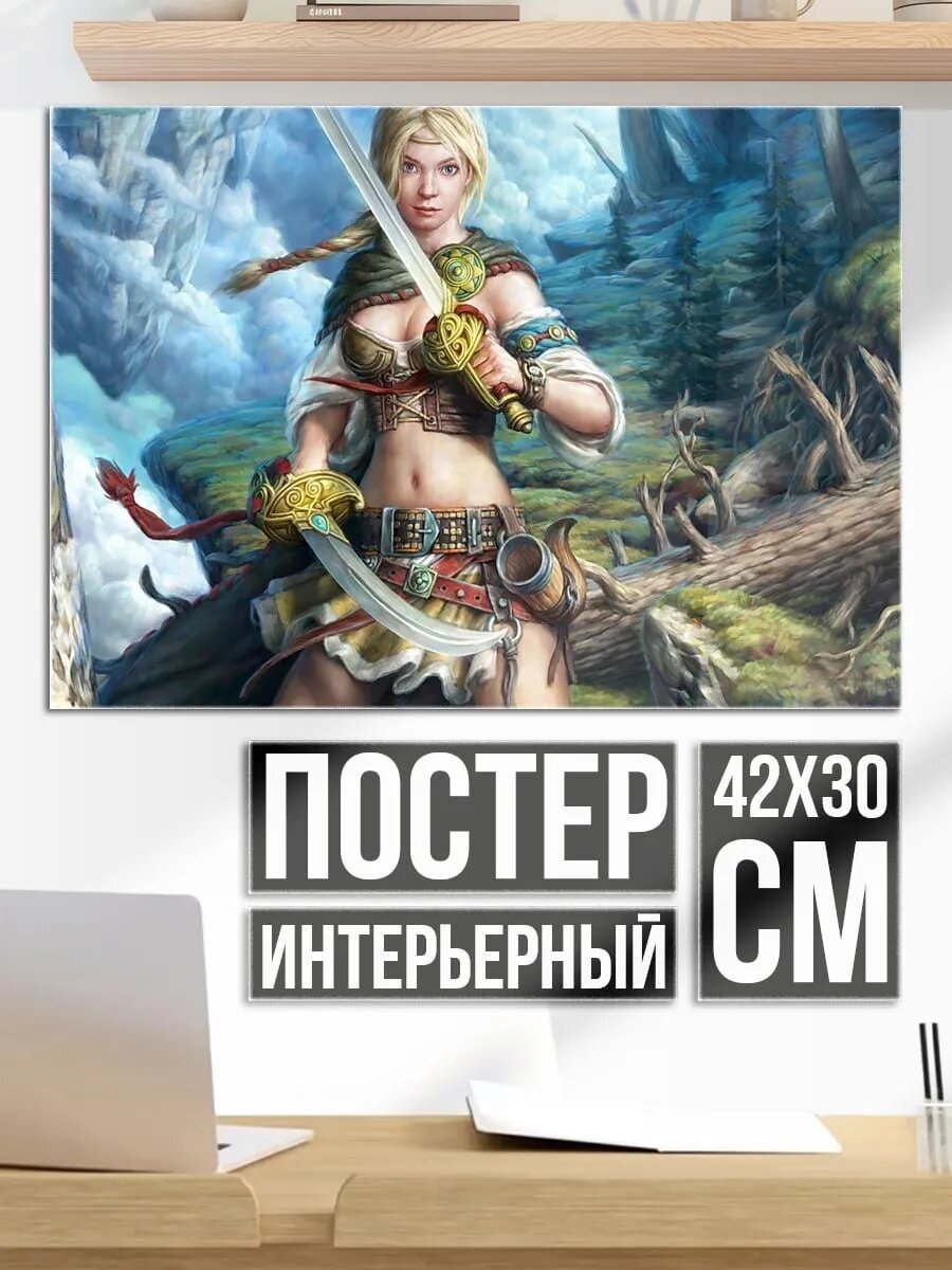 Плакат постер Девушка воин с мечами