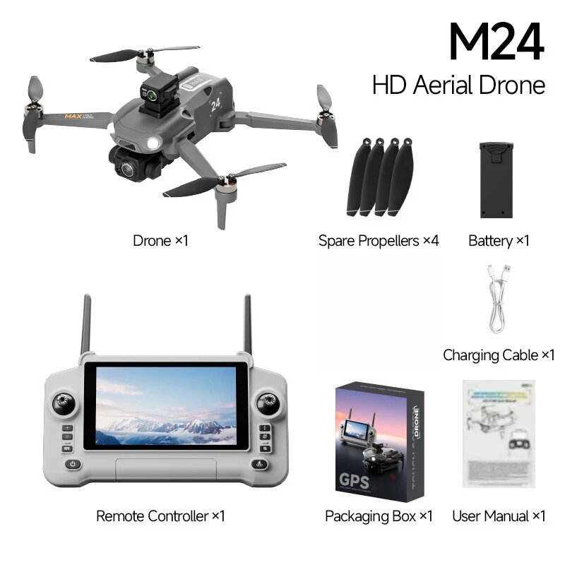 Многофункциональный дрон M24 8K GPS с большим сенсорным экраном, передачей видео 5G, интеллектуальным обходом препятствий, функцией автоматического возвращения домой и доставкой подарков в подарочной коробке