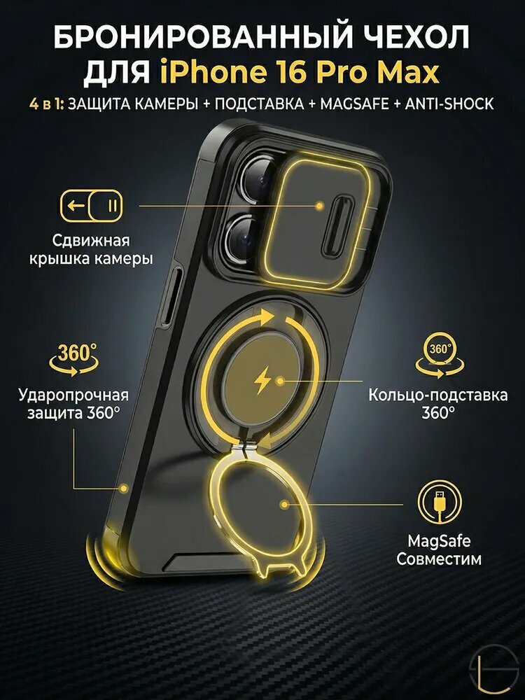 Противоударный чехол для iPhone 16 Pro Max со шторкой для камеры, магнитным кольцом-подставкой (MagSafe) и защитой 360, черный