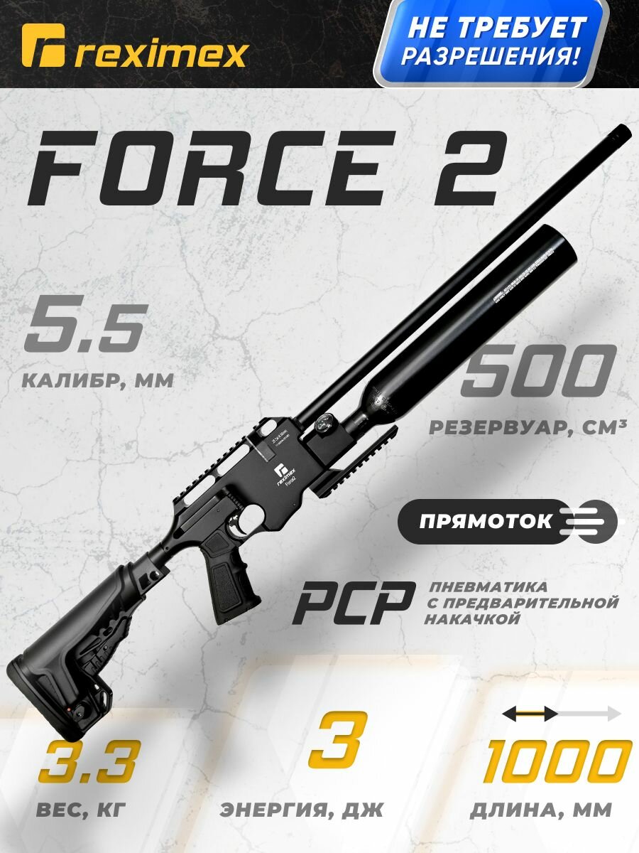 Пневматическая винтовка Reximex FORCE2 PCP, калибр 5,5 мм, 3 Дж, пластиковая ложа, металлический корпус, магазин на 12 зарядов, черная