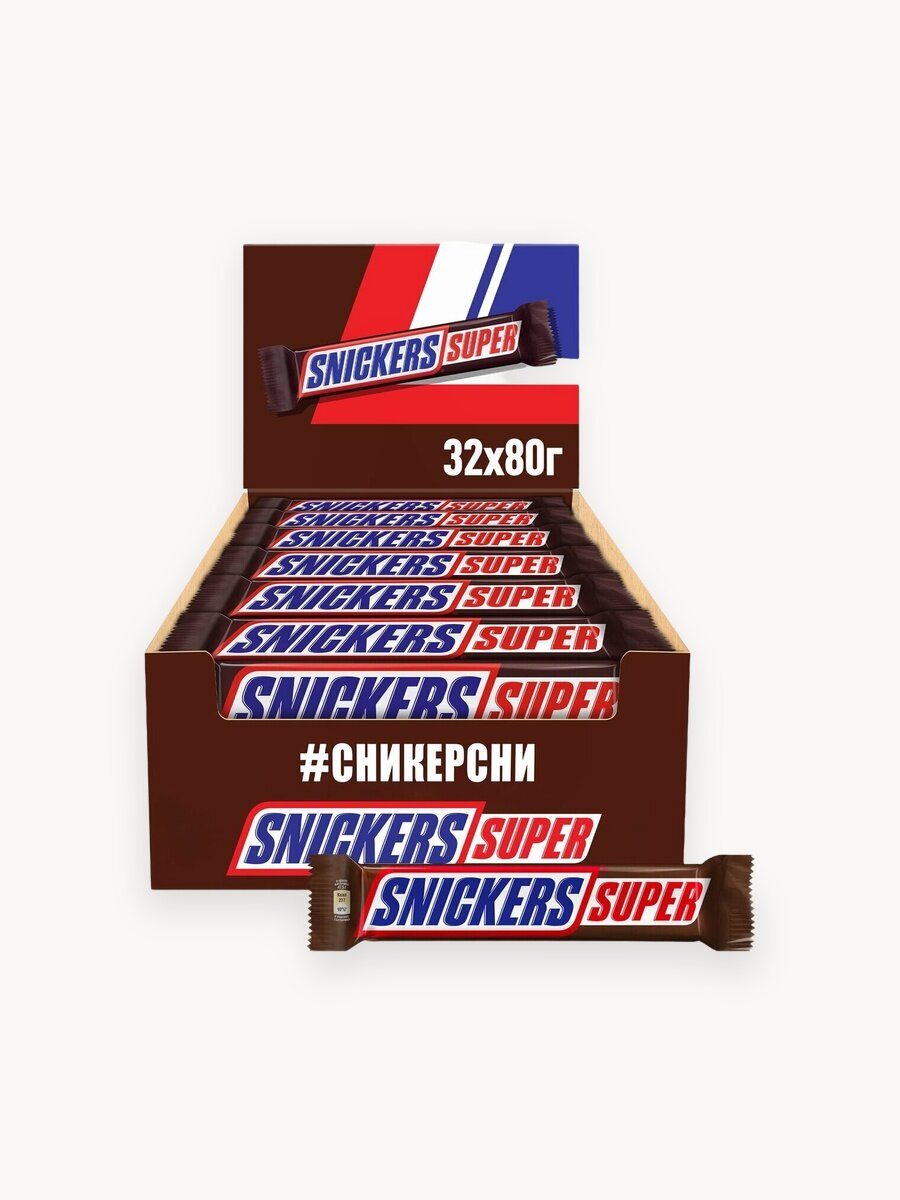 Snickers Super шоколадный батончик, 32 шт по 80г
