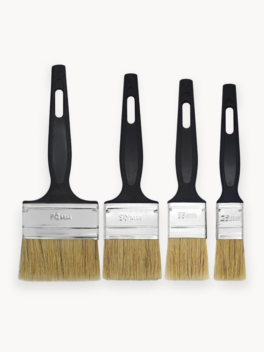 Кисти малярные флейцевые 4 шт, 70 мм, 50 мм, 35 мм, 25 мм, натуральная щетина / кисти плоские для краски