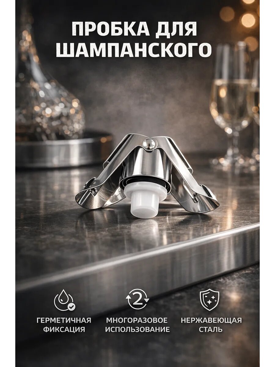 Пробка для шампанского, вакуумная, многоразовая, серебристого цвета