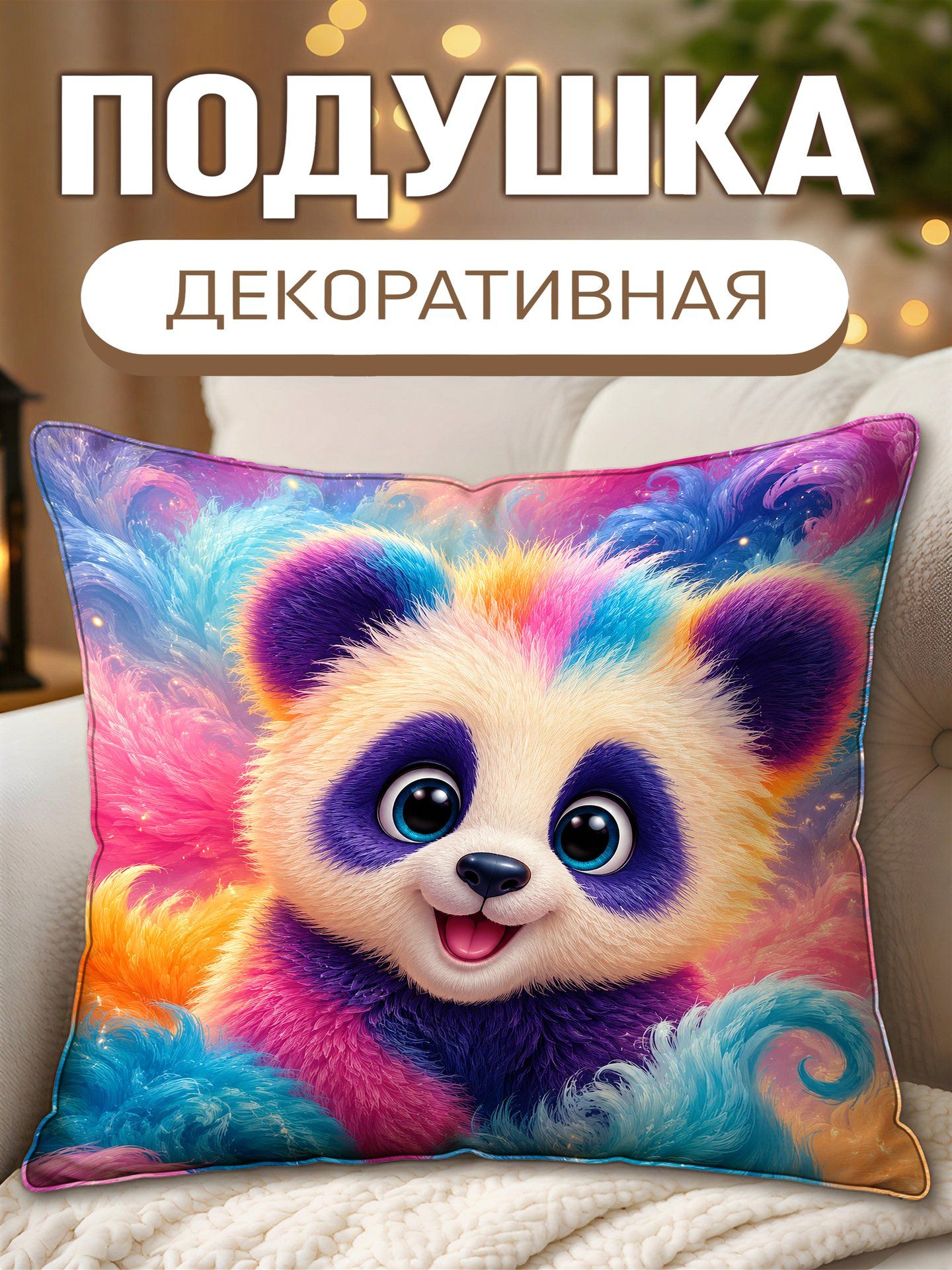 Подушка декоративная Панда В Радужных Волнах