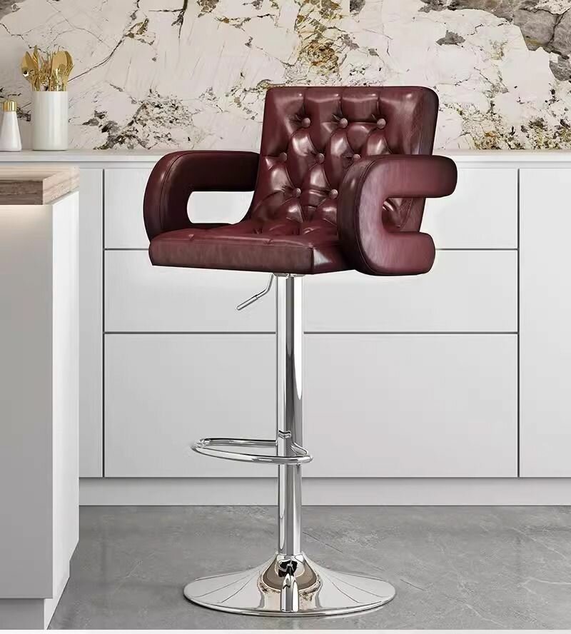 Дизайнерский барный стул с мягкой спинкой, ретро-дизайн, кожаная обивка, регулируемая высота, 360 вращение, идеально подходит для кухни и кафе.