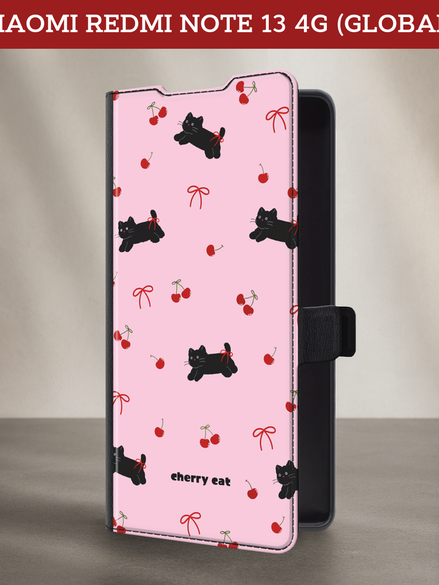 Чехол-книжка на Xiaomi Redmi Note 13 4G (Global) / Сяоми Редми Нот 13 4G с принтом cherry cat, черный